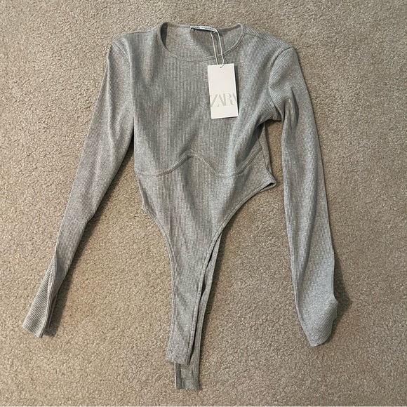 Zara | Tops | Zara Grey Ribbed Bodysuit | Poshmark